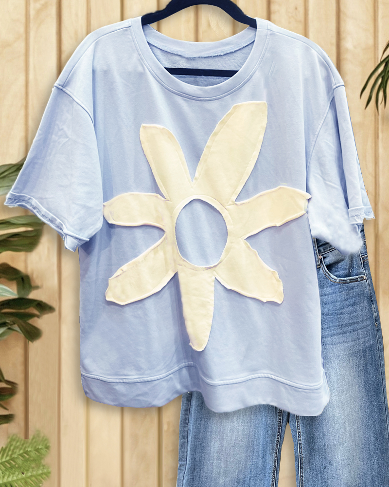 Hit Color Flower Applique Patchwork Casual T-Shirt
