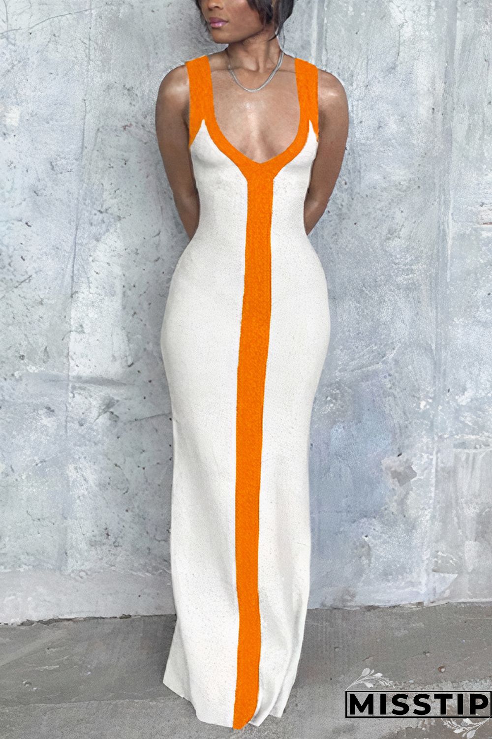 Two Tone Plunging Neck Split Maxi Dress - MissTip