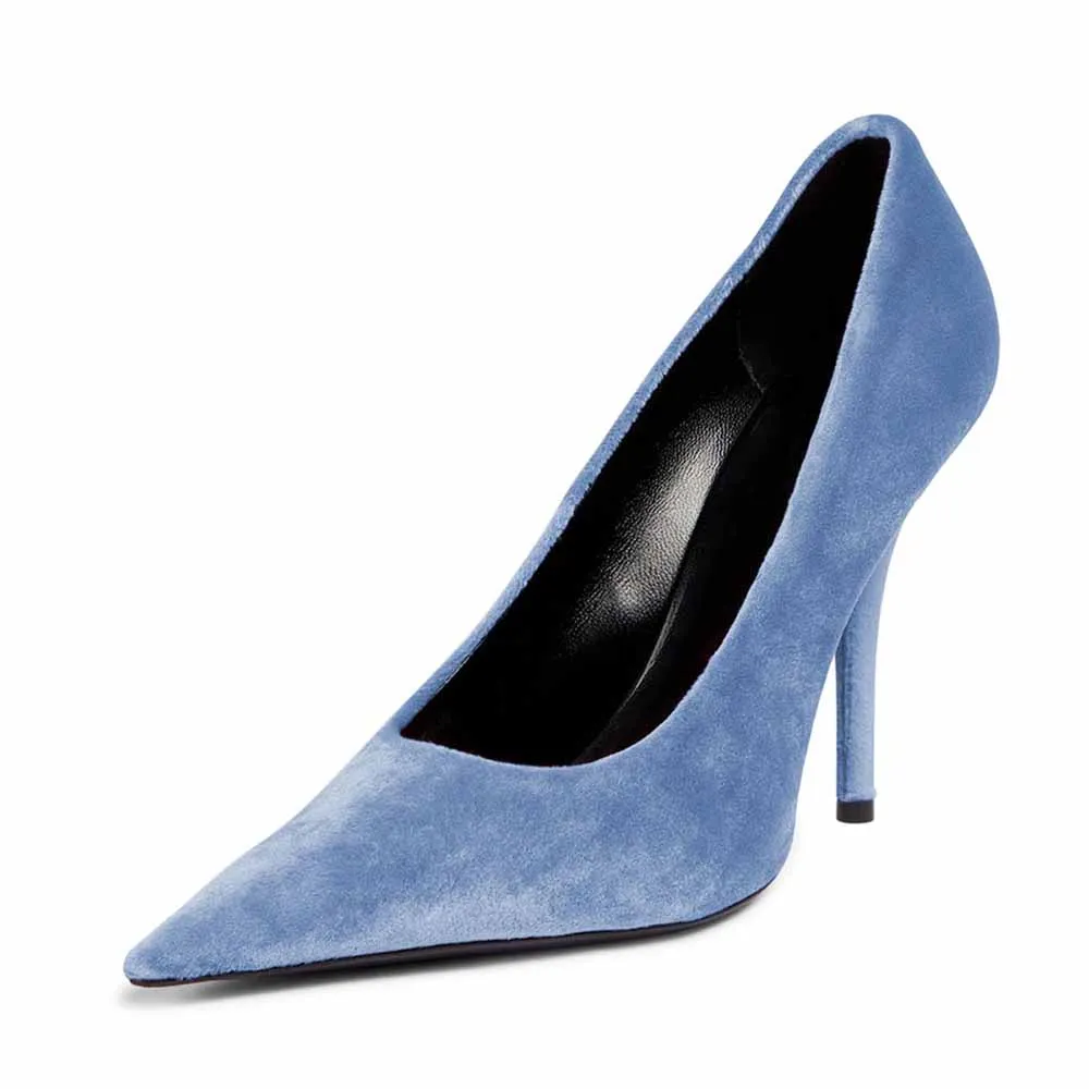 Blue Faux Suede Closed Pointed Toe Pumps With Stiletto Heels