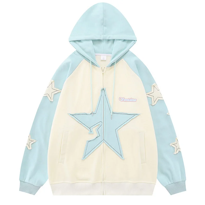 Y2K CONTRAST STAR PATCH ZIP UP HOODIE