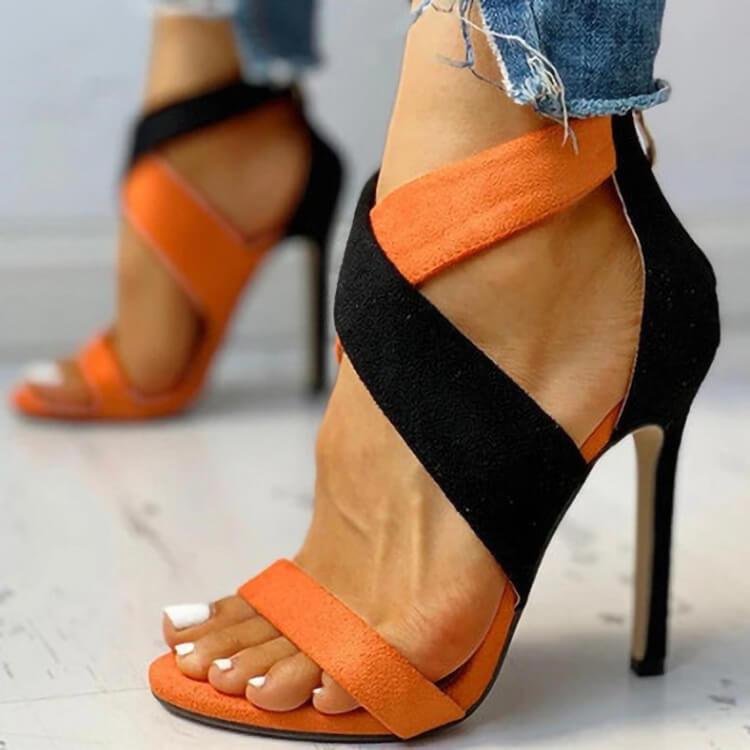 TAAFO Orange Color Block High Heel Scrub Sandals