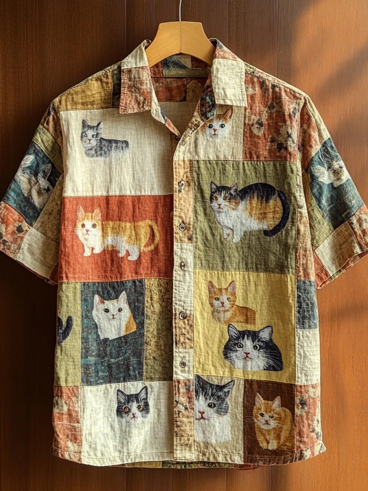 Vintage Cute Cats Graphic Short Sleeve Linen Shirt