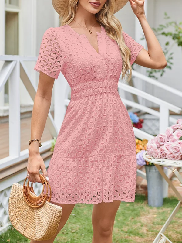 Sophisticated A-Line V-Neck Mini Dress with Hollow Pleats and Split ...