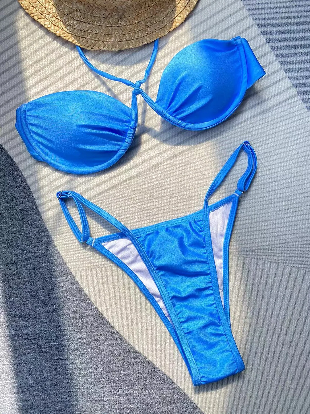 Wongn Up Bikini Shiny Blue Micro Bikini Set Sexy Women Swimsuit Female Swimwear Halter Swimming