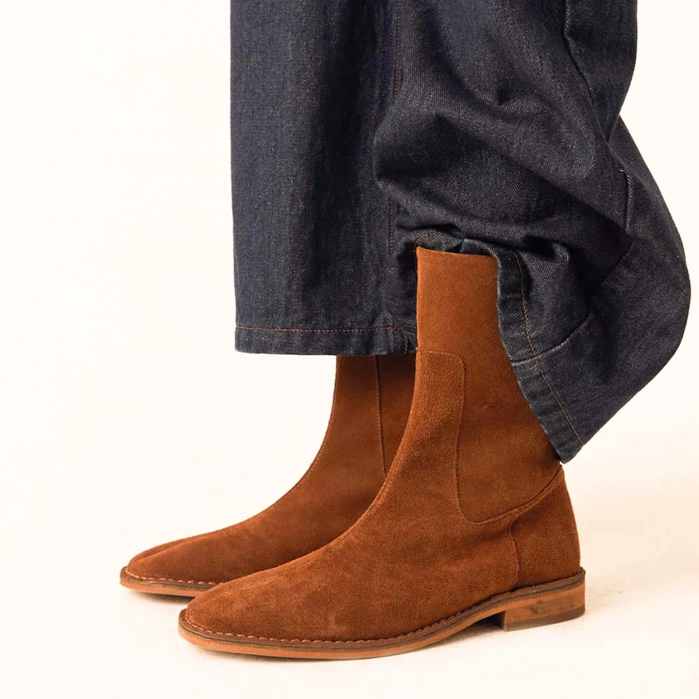 Brown Vegan Suede Round Toe Zipper Short Flat Boots for Women