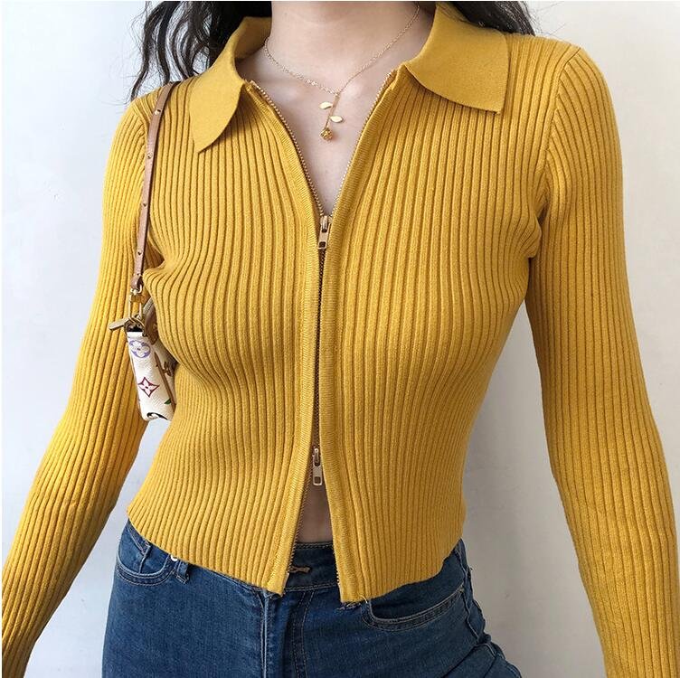 DOUBLE ZIPPER PIT STRIPED KNIT CARDIGAN