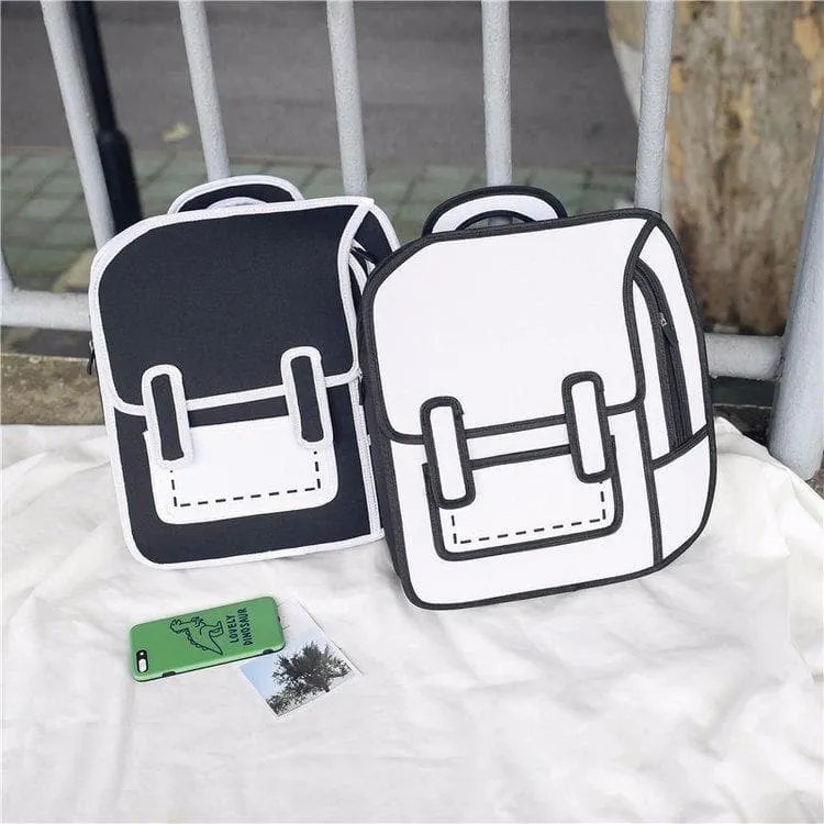 White/Black 2D Cartoon Backpack SP13774