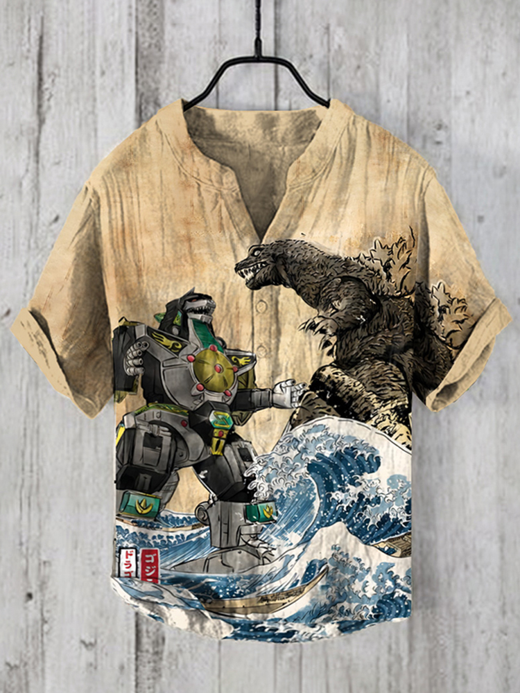 Vintage Godzilla Vs. Iron Godzilla Japanese Art Linen Blend Shirt