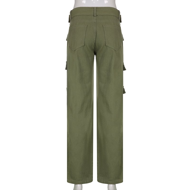 ARMY GREEN FLOWER EMBROIDERED CARGO BELTED JEANS