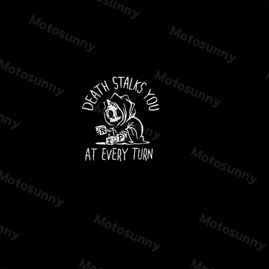MOTOSUNNY DEATH STALKS YOU AT EVERY TURN Black Print T-shirt