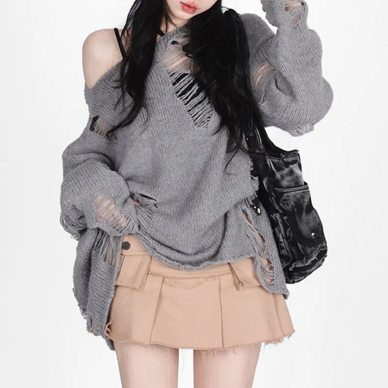 OBLIQUE SHOULDER RIPPED HOLLOW LONG SLEEVE KNIT TOP