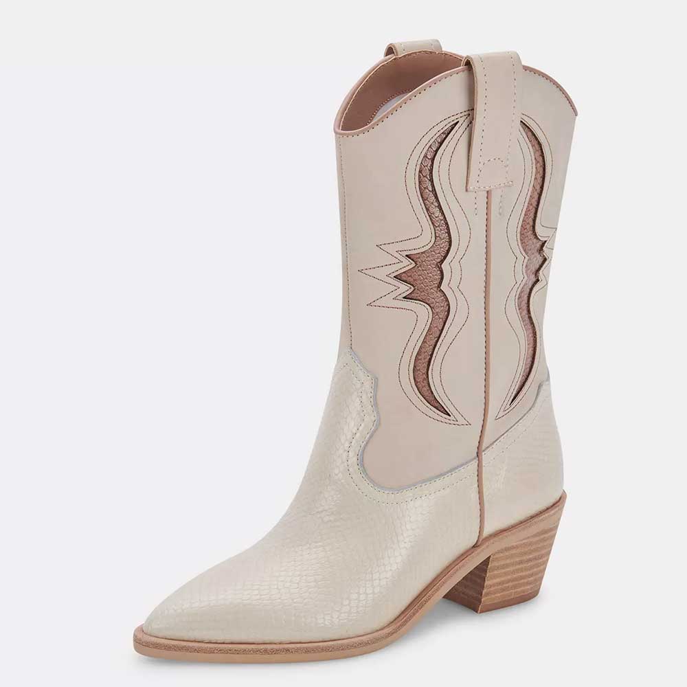 Ivory Vegan Leather Pointed Toe Chunky Heel Python Cowgirl Boots