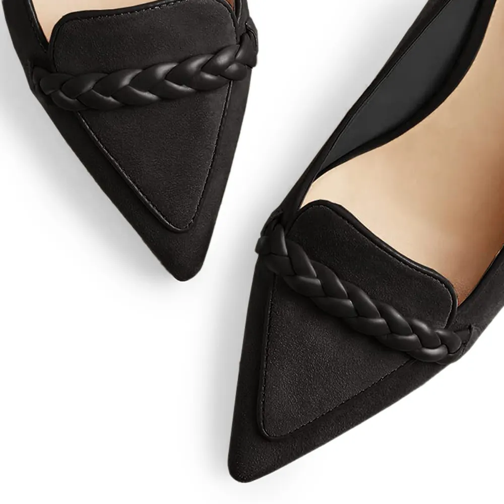 Black Leather & Suede Closed Toe Formal Pumps With Flared Heels
