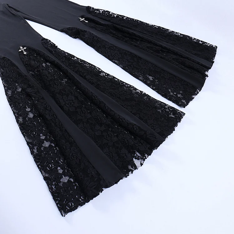 Statement Goth Lace Paneled Cross Embroidered Flare