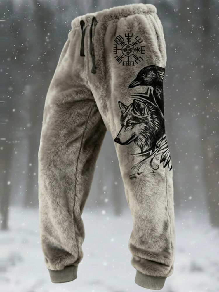 Men's Viking-style Crow & Wolf Illustration Art Casual Flannel Pants