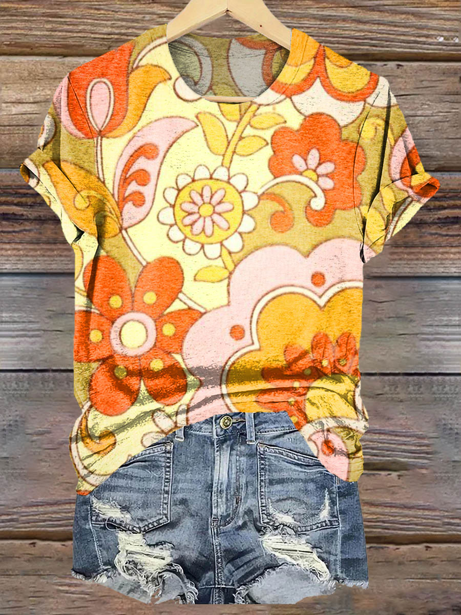 Women's Hippie Art Floral Print Back Tee