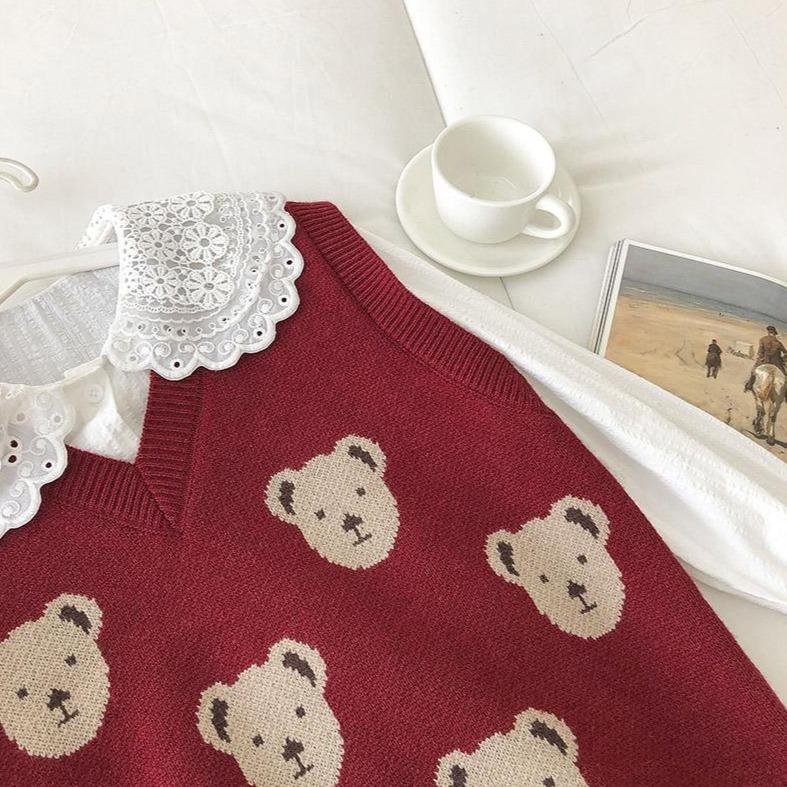 BEAR CARTOON V-NECK KNIT VEST