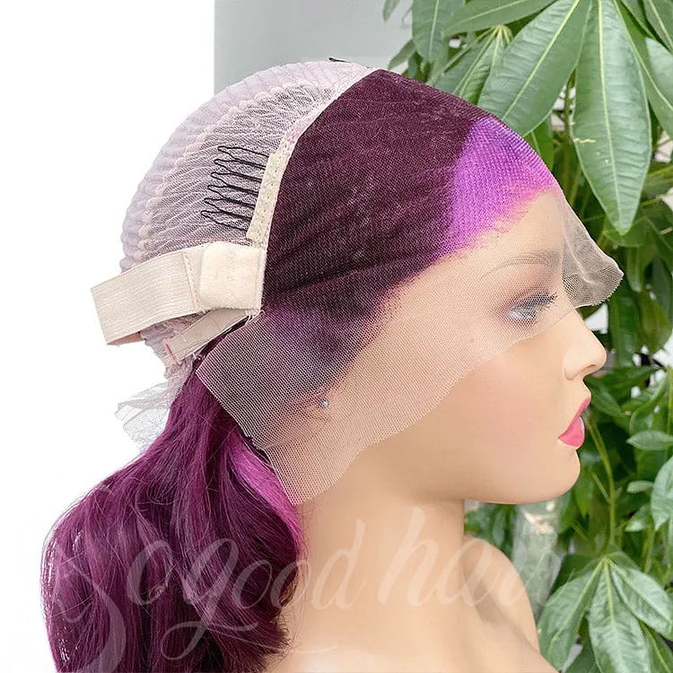 Side Part Highlight Pink Purple Body Wave Transparent Lace Front Wig