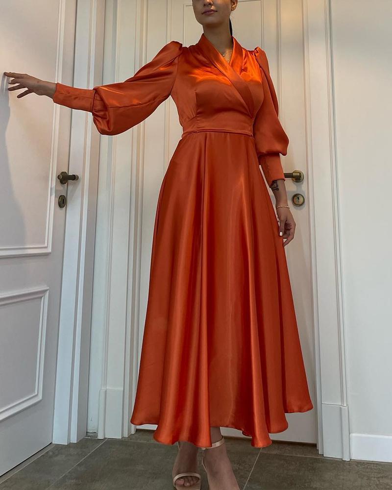 Solid Satin Lantern Sleeve Dress