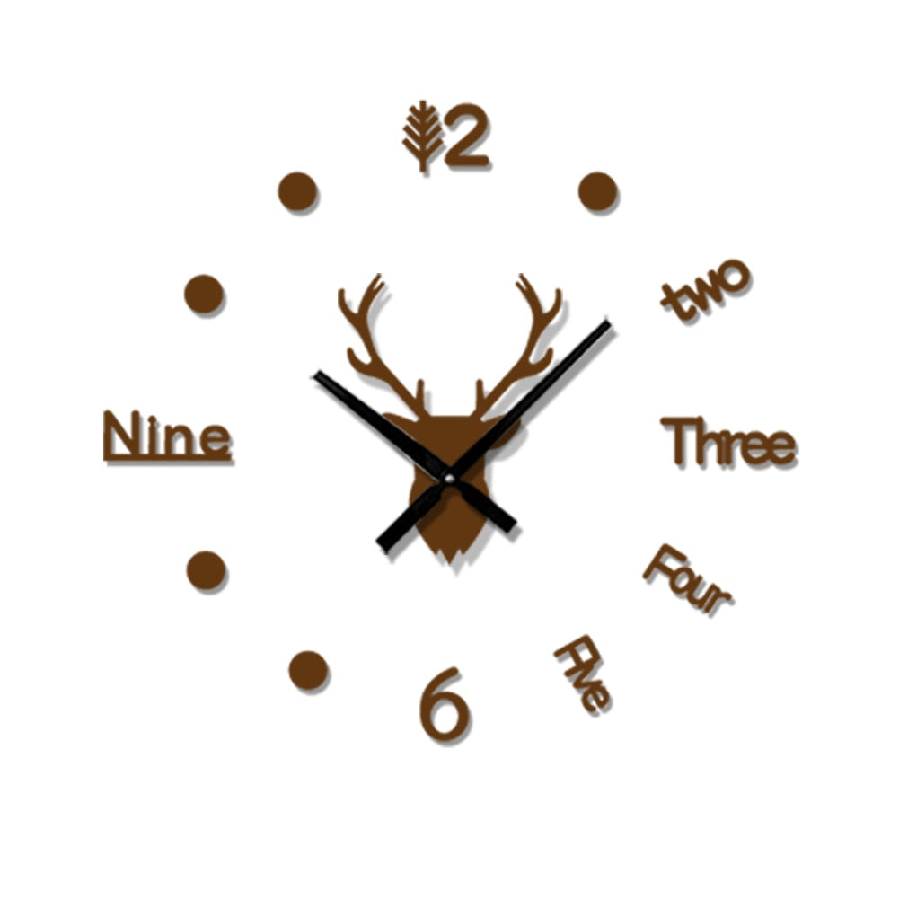 Large 3D Wall Clock Watch Clocks DIY Mirror Deer Head Stickers Art ...