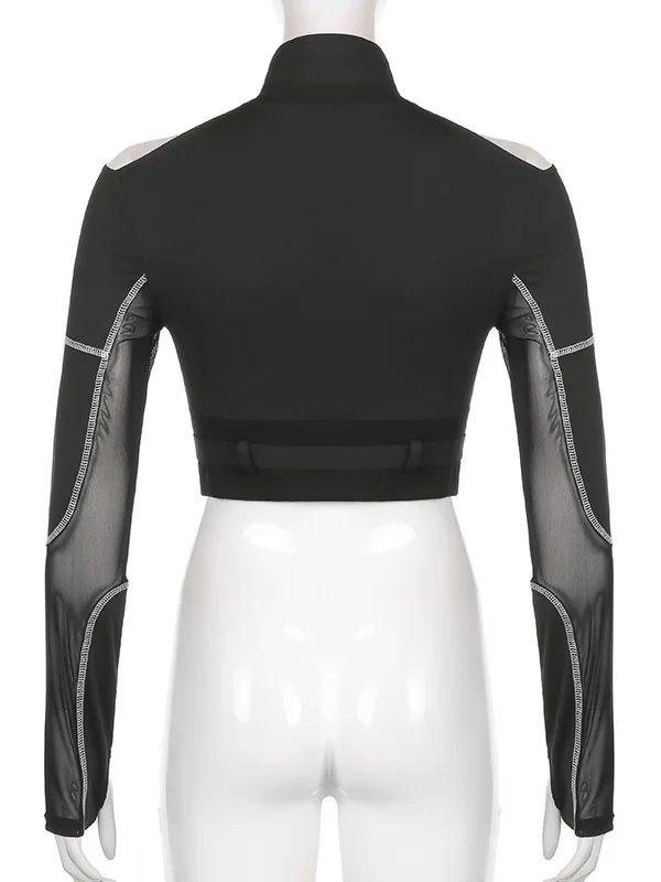 Gothic Dark Paneled See-through Long Sleeve Off Shoulder Midriff Sweatshirt