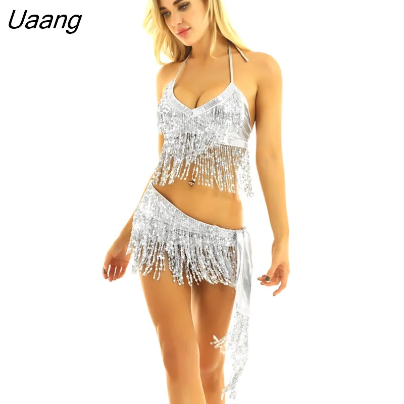 Uaang Women Belly Dance Outfits Shiny Sequin Tassels Carnival Rave Performance India Egypt Belly