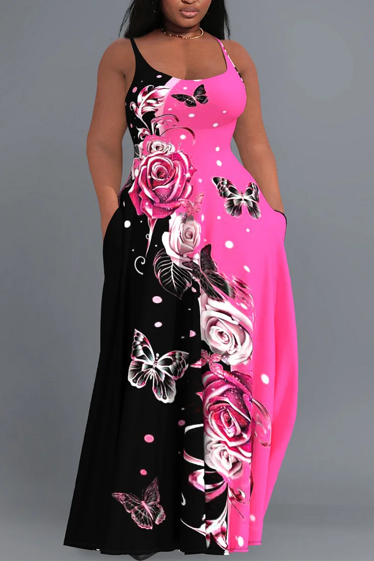 Xpluswear Design Plus Size Casual Sundress Colorblock Butterfly Print With Pockets Maxi Dress ...