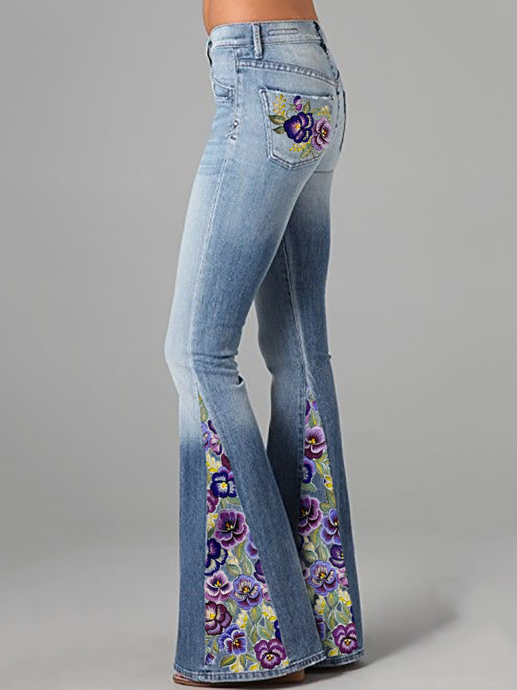 Classy Pansy Floral Embroidered Patchwork Bell Bottom Jeans 61.99