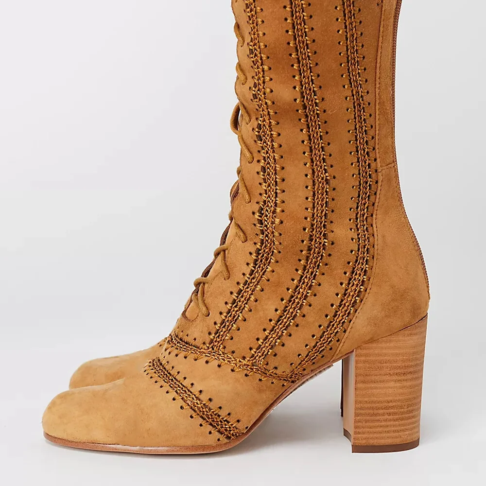 Brown Vegan Suede Stitch Detail Block Heel Knee Lace Up Boots