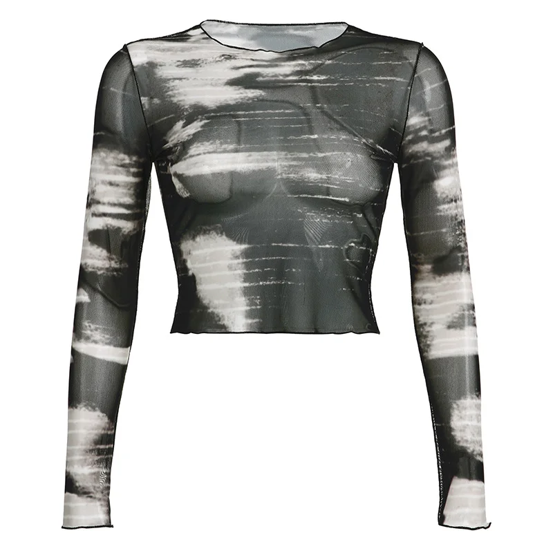 ABSTRACT PRINT LONG SLEEVE MESH TOP