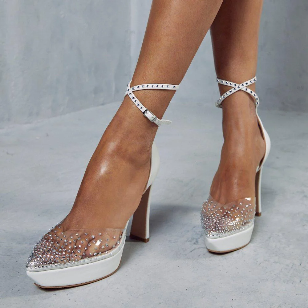 Clear PVC Pointed Toe 4'' Chunky Heel Strappy Pumps with Platform