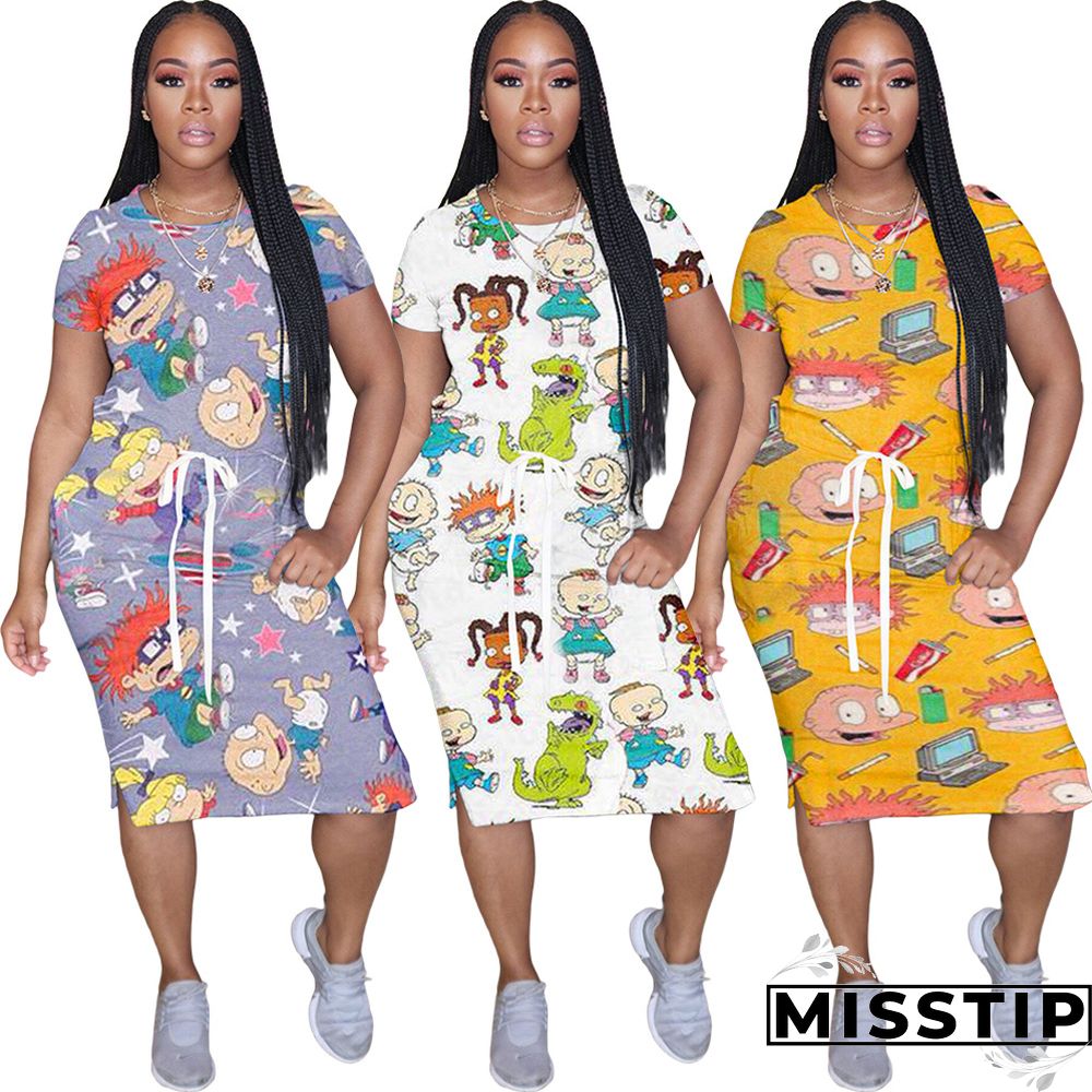 Wholesale Cotton Elastic Cute Cartoon Short Sleeve Midi Dress Online
