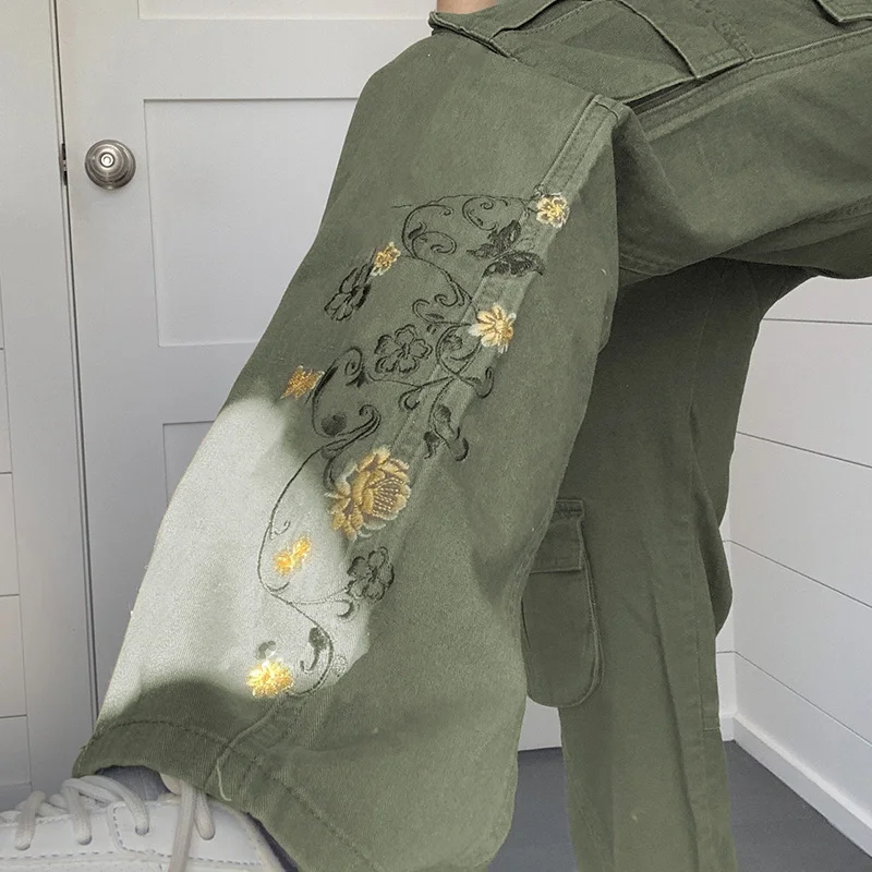 ARMY GREEN FLOWER EMBROIDERED CARGO BELTED JEANS