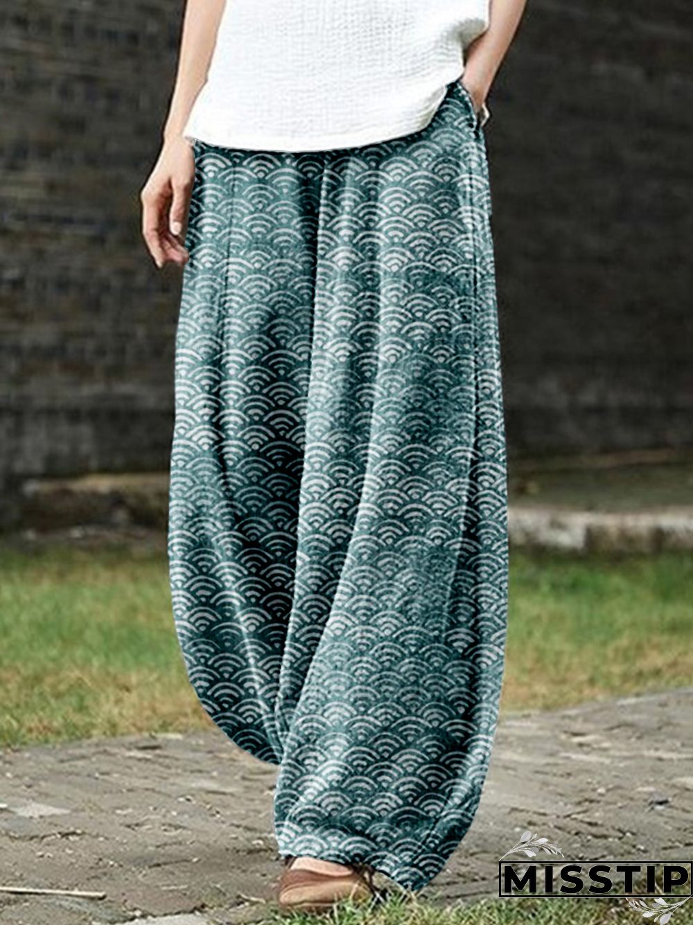 Japanese Waves Inspired Pattern Linen Blend Casual Pants - MissTip
