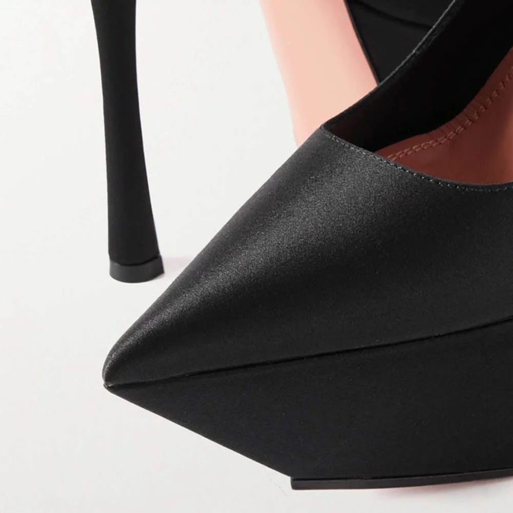 Black Satin Pointed Toe 6‘’ Stiletto Heel Ankle Strap Platform Pumps