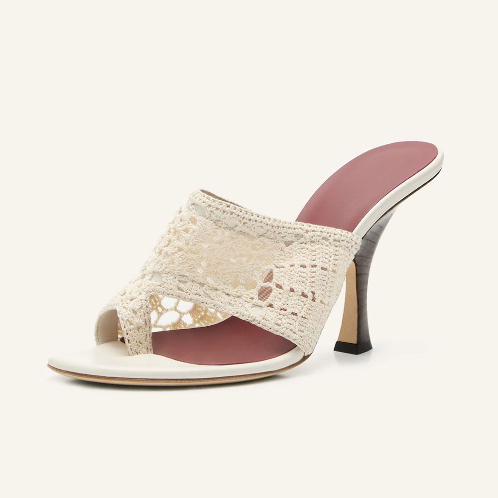 Women's Ivory Toe Loop Comfortable Crochet Cut Out Heeled Mules