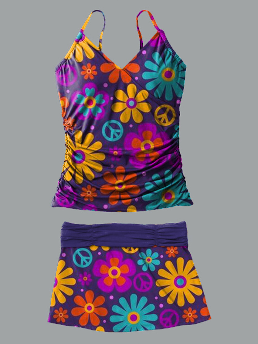 V-Neck Purple Flowers Vigate Hippie Peace Print Suspender Skirt Tankini ...