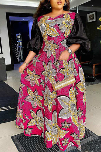 Vintage Lantern Sleeve Sundress Mesh Patchwork Floral Printed Maxi Dress