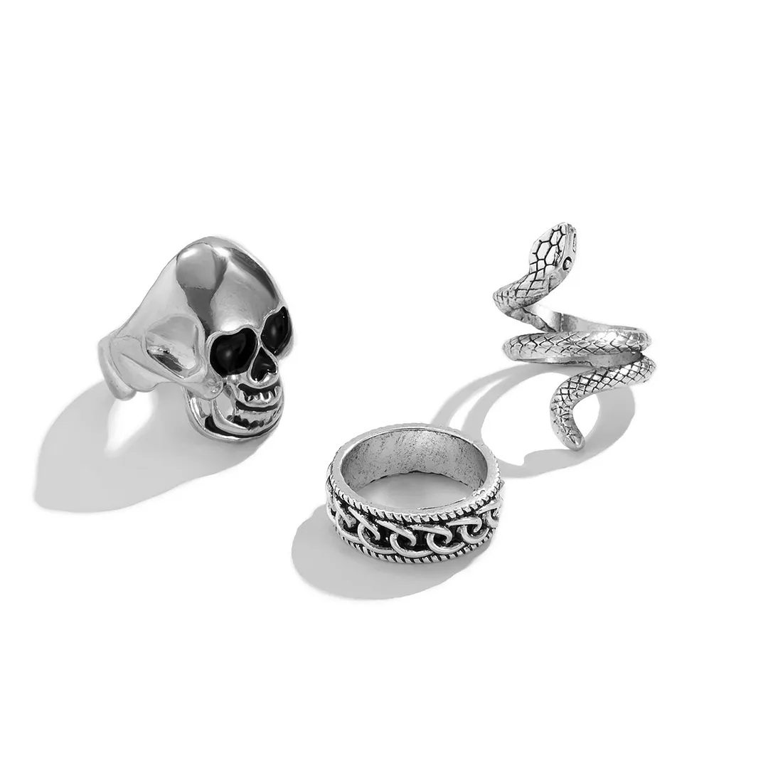 Men's Fashion Punk Skull Snake Circle Design Ring Set