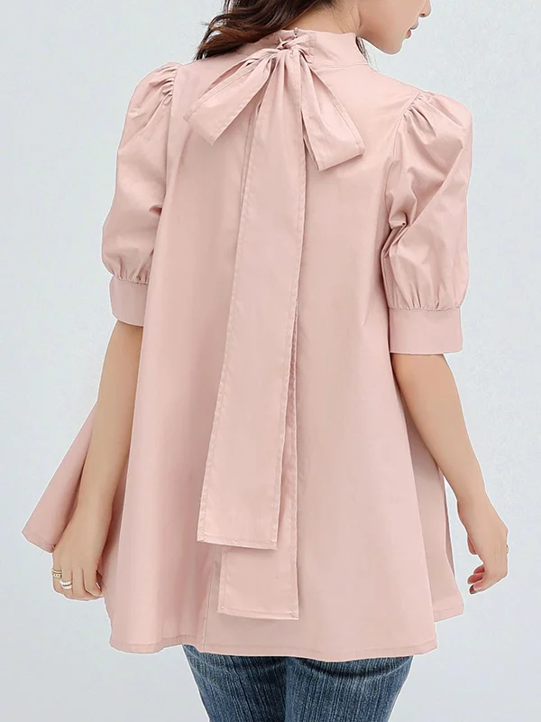 Relaxed Fit Blouse with Bow Embellishment in Solid Color