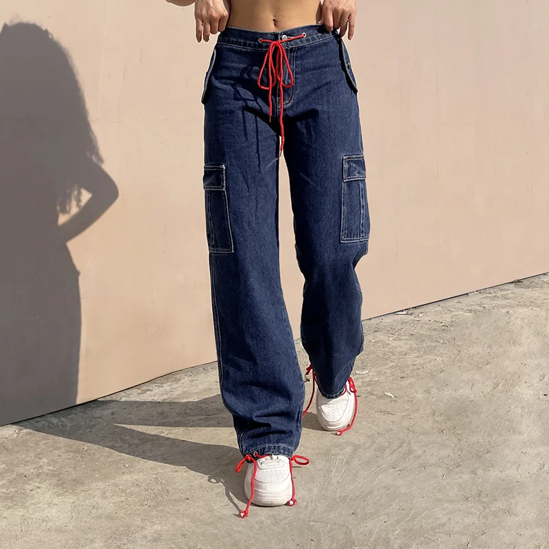 RED STRING MULTI-POCKET CARGO JEANS