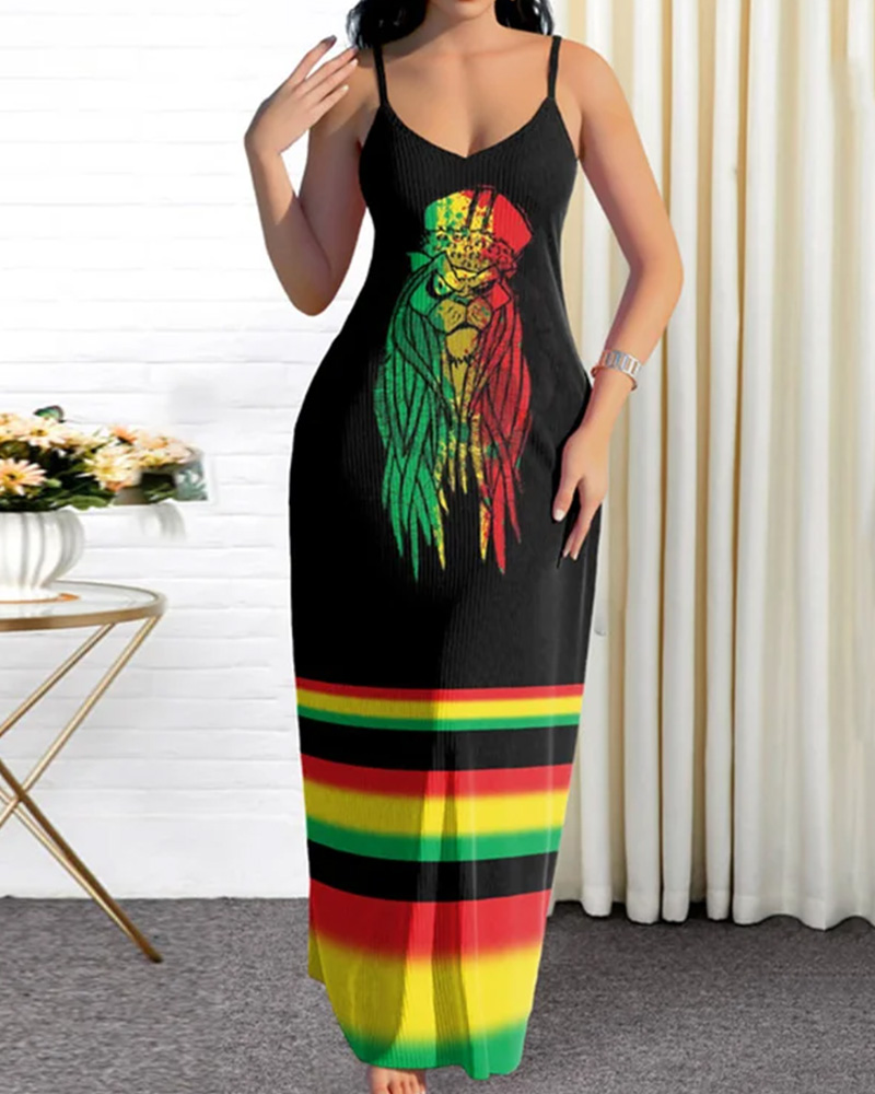 Contrast color reggae lion head print dress with straps