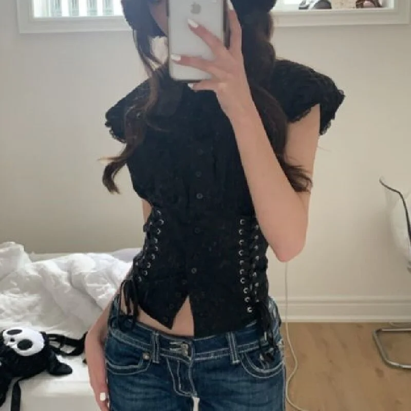 Uveng Chic Bandage Crop Top Y2k Vintage Grunge Black T Shirts Women
