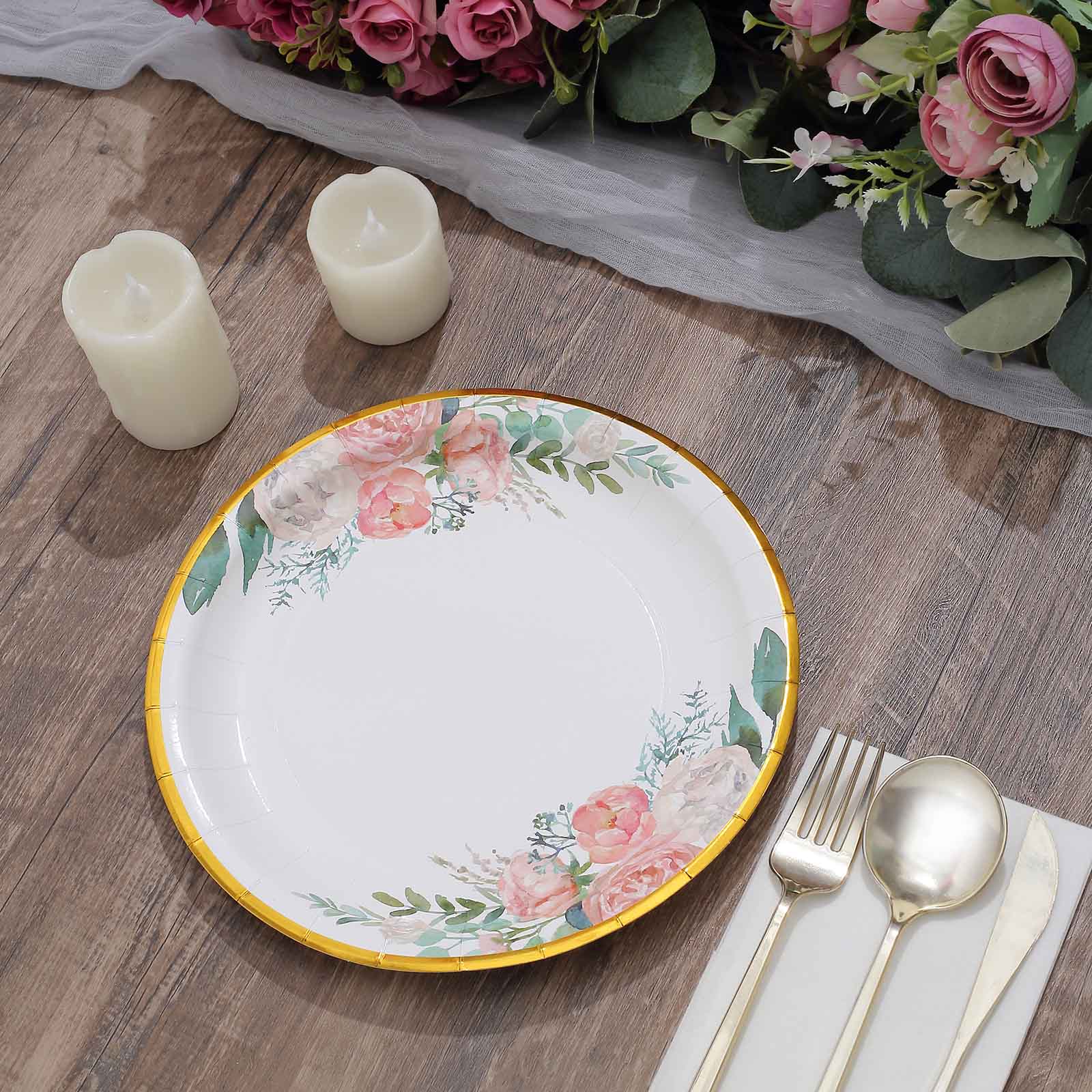 25 Pack | 9" White Elegant Floral Design Gold Rim Paper Dinner Plates ...
