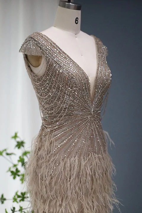 Daisda Sexy V Neck Mermaid Evening Dress With Diamond Feathers