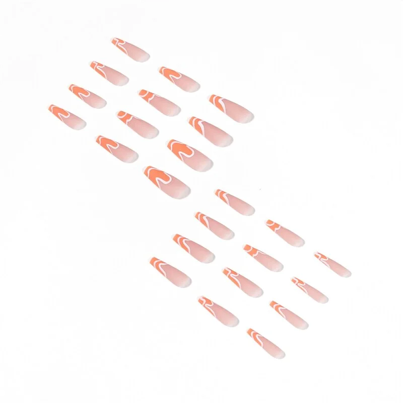 Churchf Orange Swirl Fake Nails Set Press On Faux Ongles Extra Long