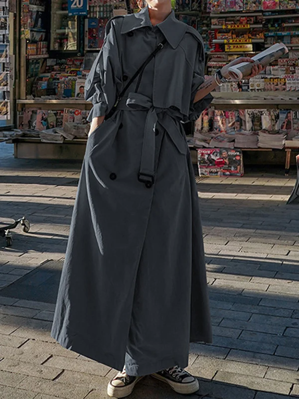 Buckle-Embellished Trench Coat with Split-Back and Lapel Collar