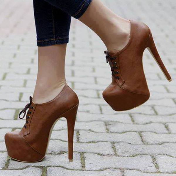 Brown Leather Lace-Up Platform High Heels Vdcoo