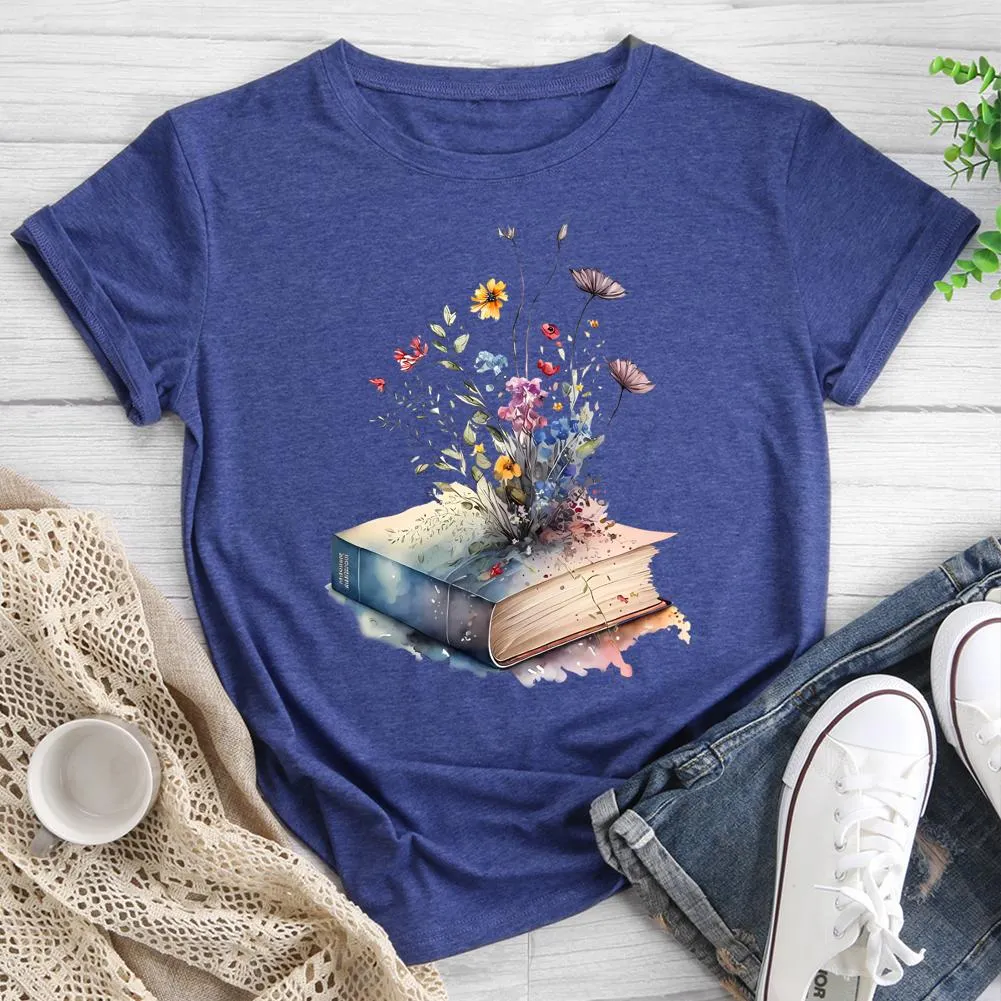 Reading Book Flower Round Neck T-shirt-0019728