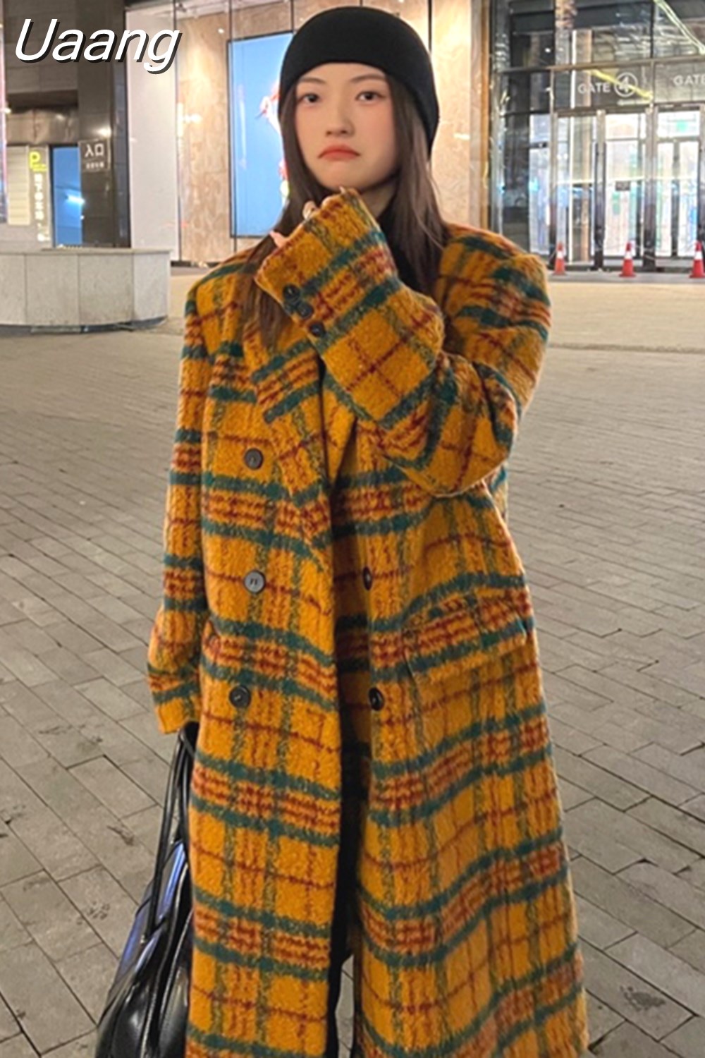 Uaang Autumn Winter Long Loose Retro Colorful Plaid Woolen Trench Coat ...